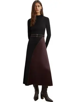 REISS Colour-block Knitted Midi Dress - Black/burgundy