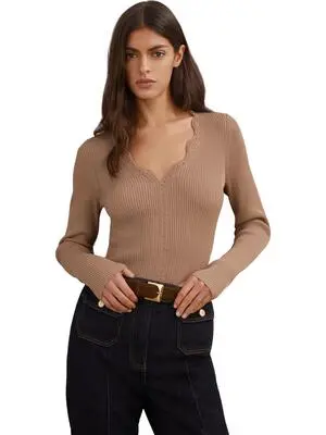 REISS Crochet-trim Rib-knit Top - Taupe Neutral