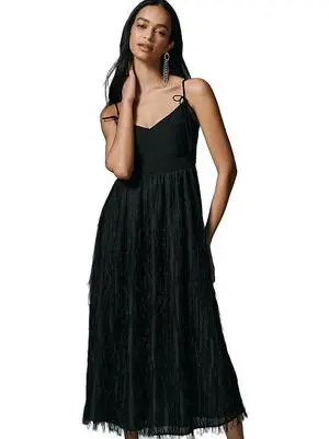 EN SAISON Roza A-line Fringe Midi Dress - Black