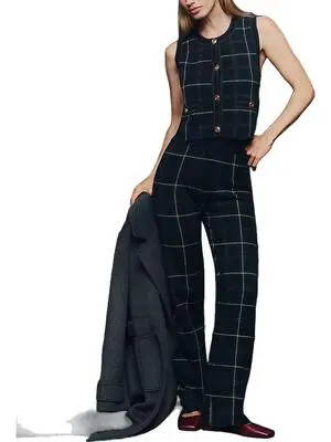 Saylor Tilden Knit Plaid High-Rise Pants Navy