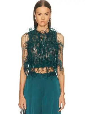 Lapointe Cascading Feather Embellished Cropped Tank Top - Dark Teal