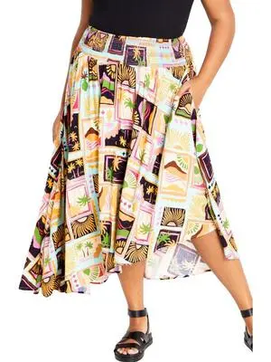 City Chic Eva Smocked Waist Asymmetric Skirt - Print