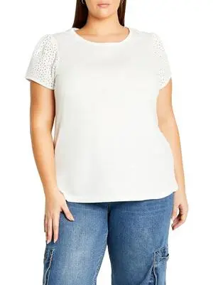 City Chic Linny Eyelet Puff Sleeve Cotton Top - White