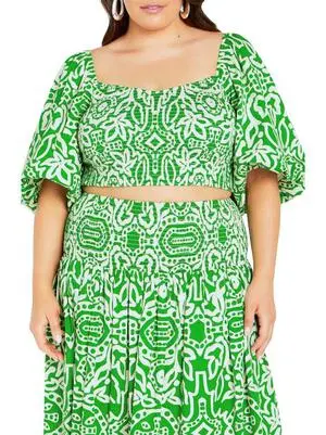 City Chic Hanna Printed Smocked Crop Top - Green Print
