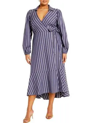 City Chic Brynn Stripe Faux Wrap High-low Dress - Navy