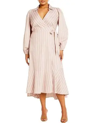 City Chic Brynn Stripe Faux Wrap High-low Dress - Neutral