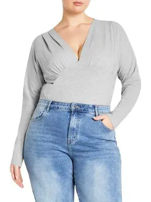 City Chic Amelia Pleated Long Sleeve Bodysuit - Grey Marle