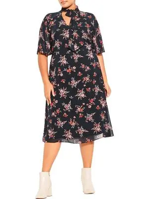 City Chic Floral Tie Neck Midi Dress - Black Print
