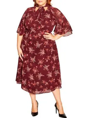 City Chic Floral Tie Neck Midi Dress - Red Print