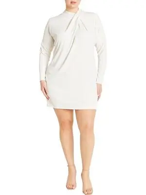 City Chic Long Sleeve Mini Dress With Wrap Neck - Cream