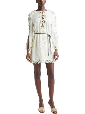 Zimmermann Awaken Long Sleeve Lace Trim Linen Minidress - Cream