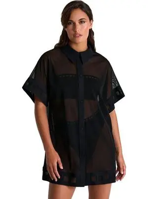 Shan Mesh Shirt Dress With Mosaic Cutouts - Black