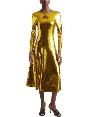 Bottega Veneta Long Sleeve Paillette Cocktail Dress - 8480 Gold