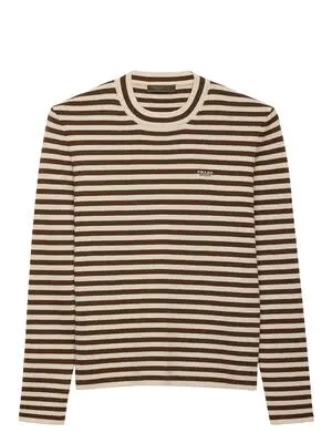 Prada Slim-Fit Wool Knit Striped Crewneck Sweater F0061 Crem