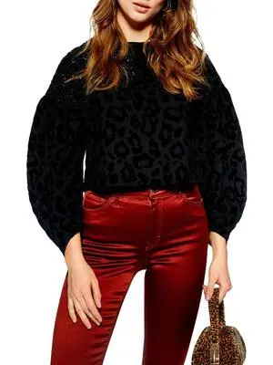 Topshop Sequin Embellished Leopard Print Sweater - Black