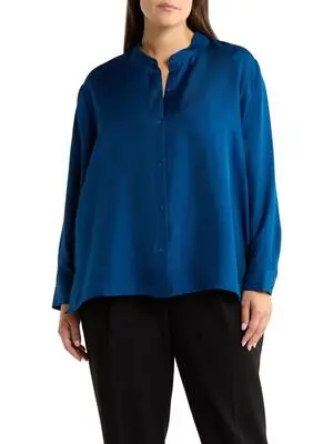 Eileen Fisher Mandarin Collar Silk Button-up Shirt - Atlantis