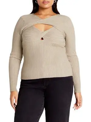 City Chic Tessa Cutout Ribbed Sweater - Cream Marle