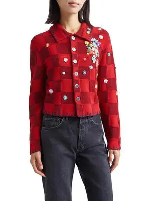 YANYAN Lunar New Year Fireworks Lambswool & Cotton Shrunken Cardigan - Wine/red