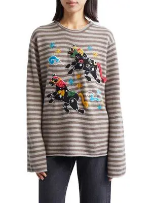 YANYAN Lunar New Year Horse Embroidered Sweater - Warm Grey