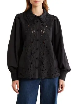 Farm Rio Embroidered Eyelet Button-up Shirt - Black