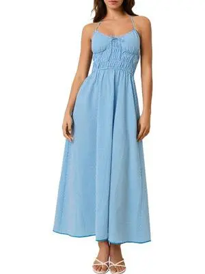 Solid & Striped Lolita Gingham Shirred Halter Seersucker Maxi Sundress - Cosmic Blue Gingham