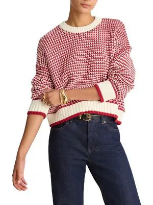 Madewell Textured Stitch Cotton Crewneck Sweater - Crimson And Ivory Combo