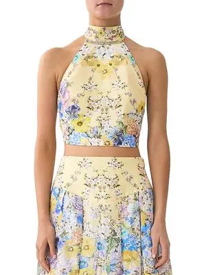 Camilla Printed Silk Halter Top - Darling Buds