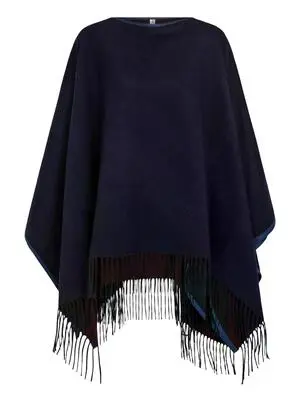 FERRAGAMO Leather Trim Fringed Cashmere Cape - Blue