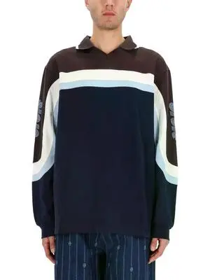 Drole De Monsieur Striped Long-sleeves Polo Shirt - Blue