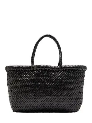 Dragon Diffusion Mini Flat Gora Woven Leather Top Handle Bag - Black
