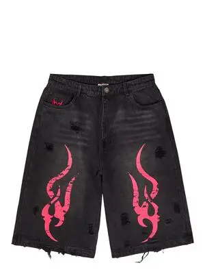 CHEW FOREVER Printed Denim Shorts - Black