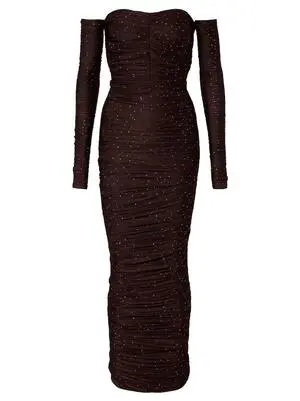 Alex Perry Ruched Embellished Jersey Gown - Brown