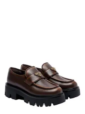 Prada Logo Leather Platform Loafers - Brown
