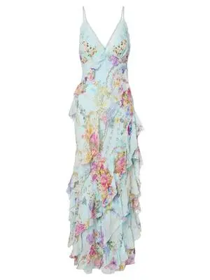 Camilla Floral Ruffled Silk Slip Dress - Blue