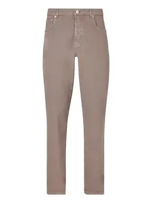 Brunello Cucinelli Logo-embroidered Straight-leg Cotton-twill Trousers - Brown