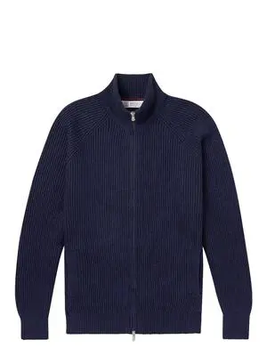 Brunello Cucinelli Ribbed Cotton Zip-up Sweater - Blue