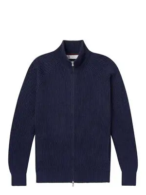 Brunello Cucinelli Ribbed Cotton Zip-Up Sweater Navy