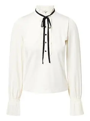 ME+EM Pleated-trims Tie Stretch-woven Blouse - Light Cream