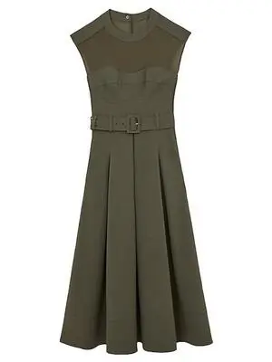 REISS Ava Belted-waist Stretch-woven Midi Dress - Khaki Green