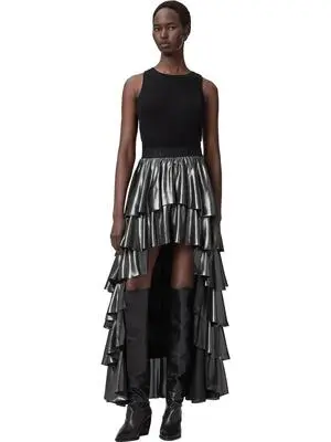ALLSAINTS Metallic Ruffle Maxi Skirt Silver