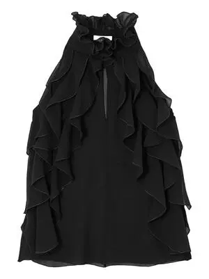 Alexander McQueen Ruffled Cutout Silk-georgette Top - Black