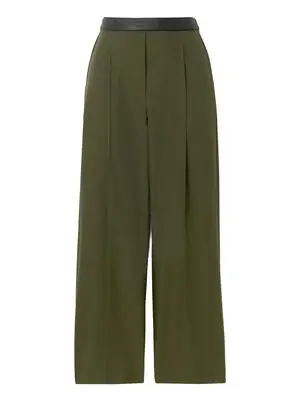 Loewe Leather-trimmed Pleated Grain De Poudre Wool Pants - Green