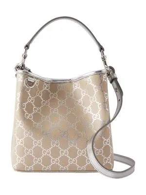 Gucci Gg Emblem Metallic-trimmed Printed Leather Shoulder Bag - Silver