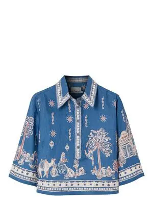 ALEMAIS Acacia Cropped Printed Linen Shirt - Blue