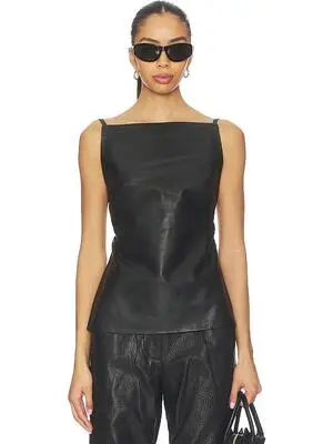 ST. AGNI Leather Square Neck Top - Black