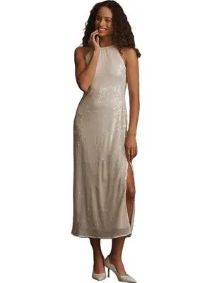 Bhldn Halter Sequin Side-slit Midi Dress - White Dahlia