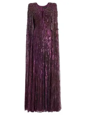 Jenny Packham Beaded Cape Maxi Dress - Purple