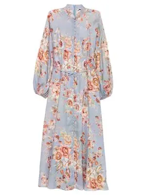 Zimmermann Awaken Billow-sleeve Floral Midi Dress - Blue