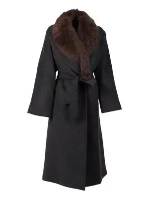 Max Mara Fur Collar Belted Coat - Grey