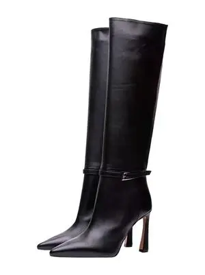 POCHE PARIS Buckle Pointed-toe Knee-high Boots - Black